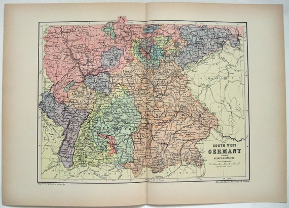 SW Germany Original 1895 Map by W & A. K. Johnston. Bavaria - Etsy