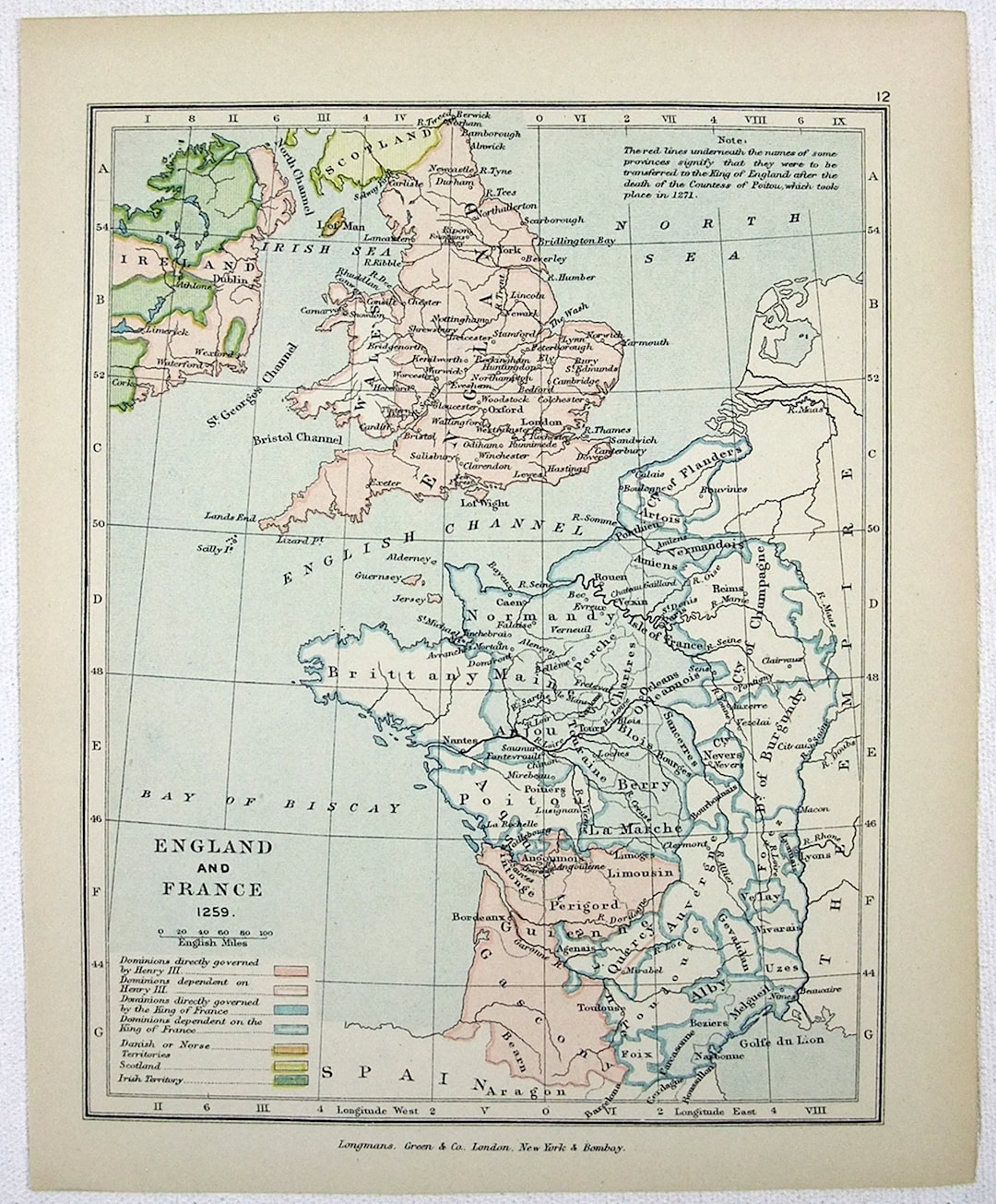 Vintage Map of England & France in 1259 - Published by Longmans Green ...