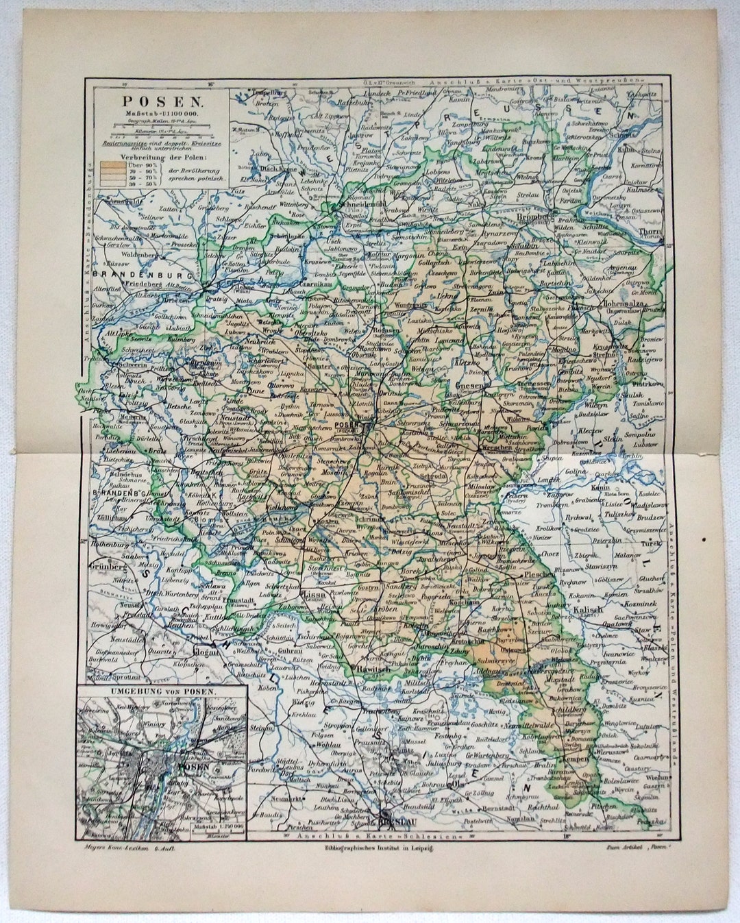 Original 1908 Map of Posen Province, Germany by Meyers. Antique ...