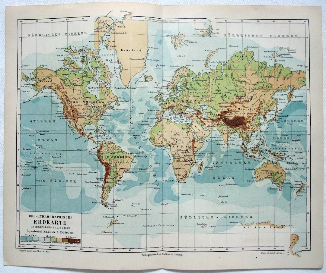 Oro-hydrographic Map of the World - Original 1905 by Meyers. German ...