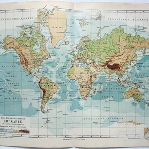 Oro-hydrographic Map of the World - Original 1905 by Meyers. German Language. Antique - Etsy