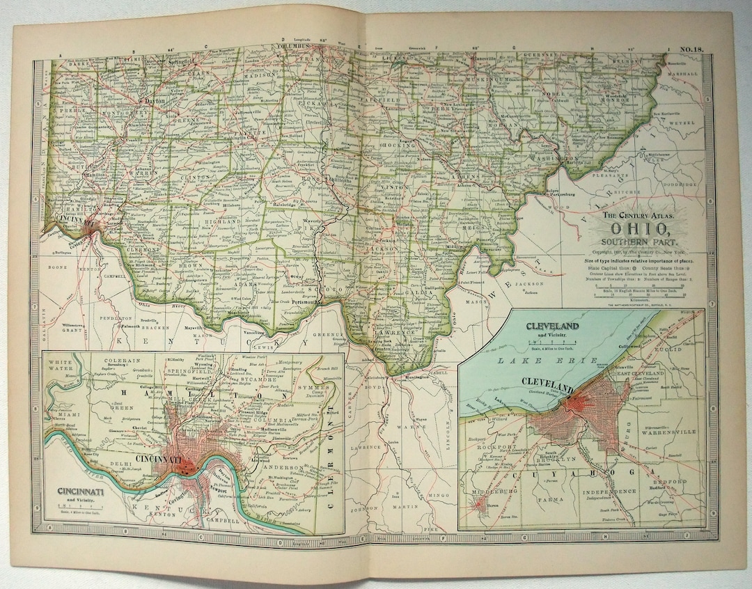 Southern Ohio - Original 1897 Map by the Century Company. Antique ...
