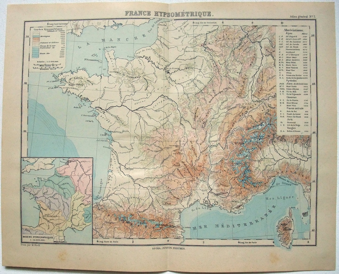 Original 1895 Hypsometric Map of France by Justus Perthes - French ...