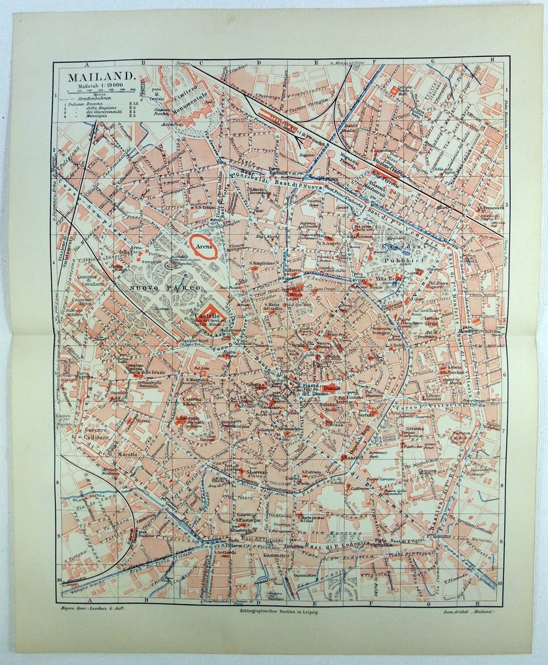 Milan Italy - Original 1908 City Map by Meyers. Mailand Antique ...