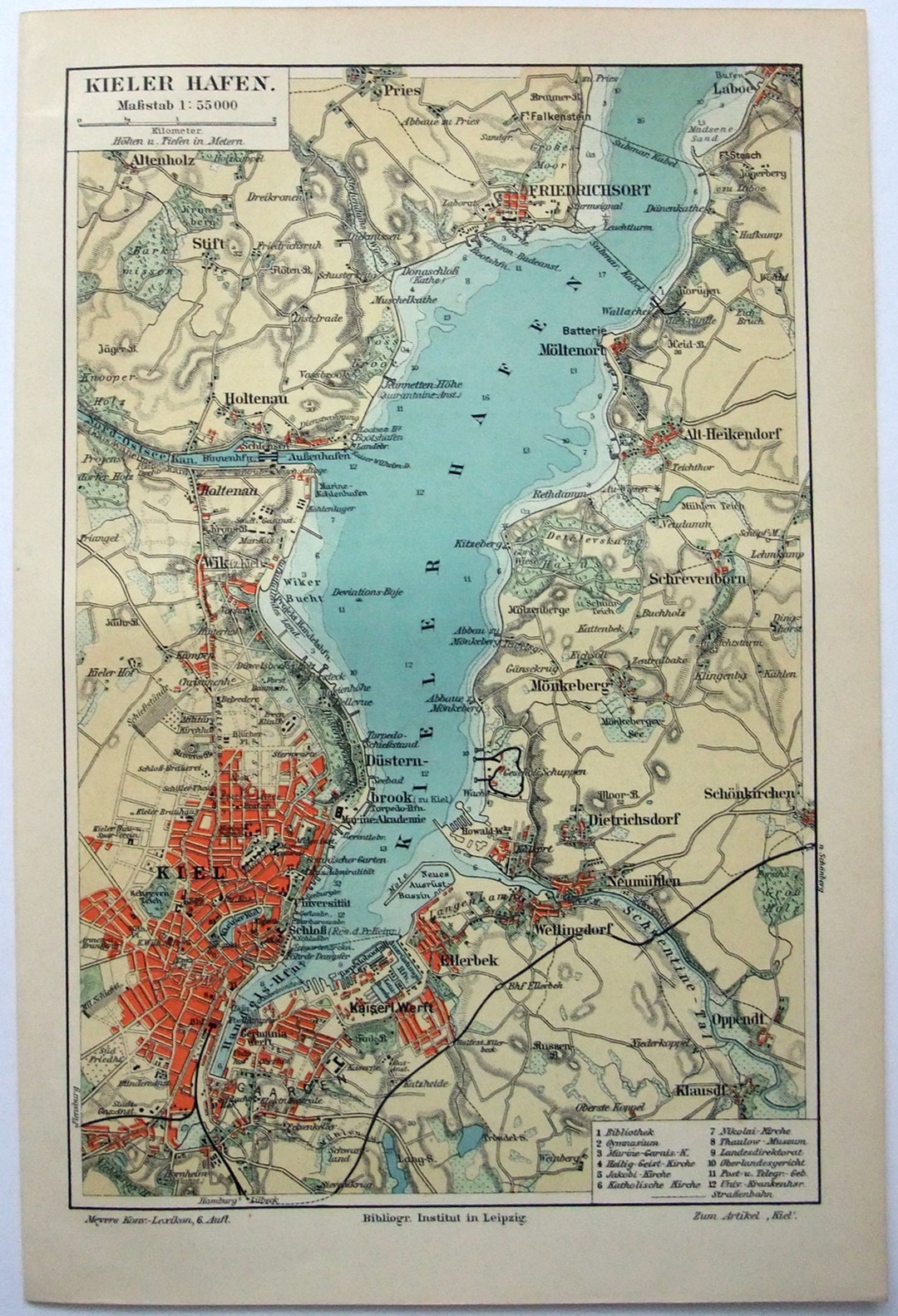 Kiel Harbor, Germany Original 1906 City Map by Meyers. Kieler Hafen ...