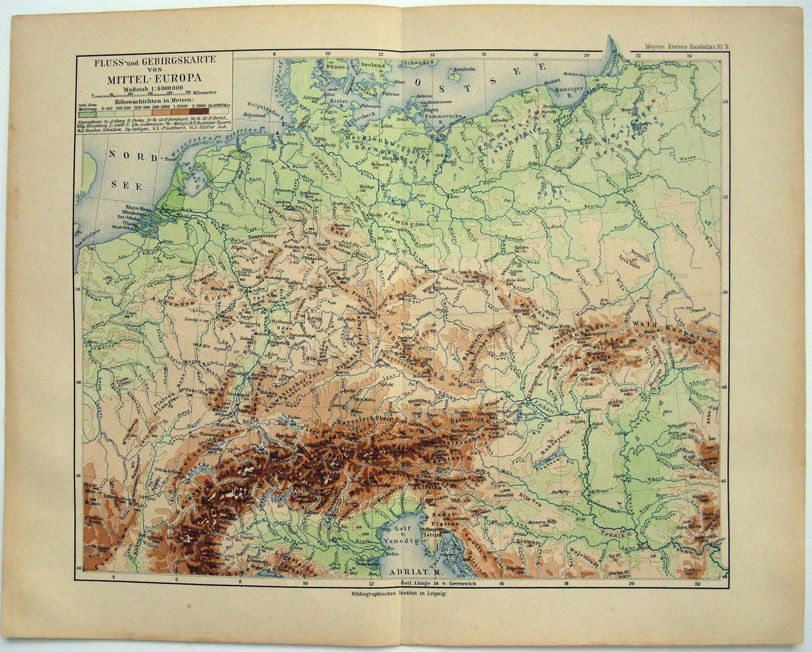 1892 Physical Map of Middle Europe by Meyers. Antique Original | Etsy