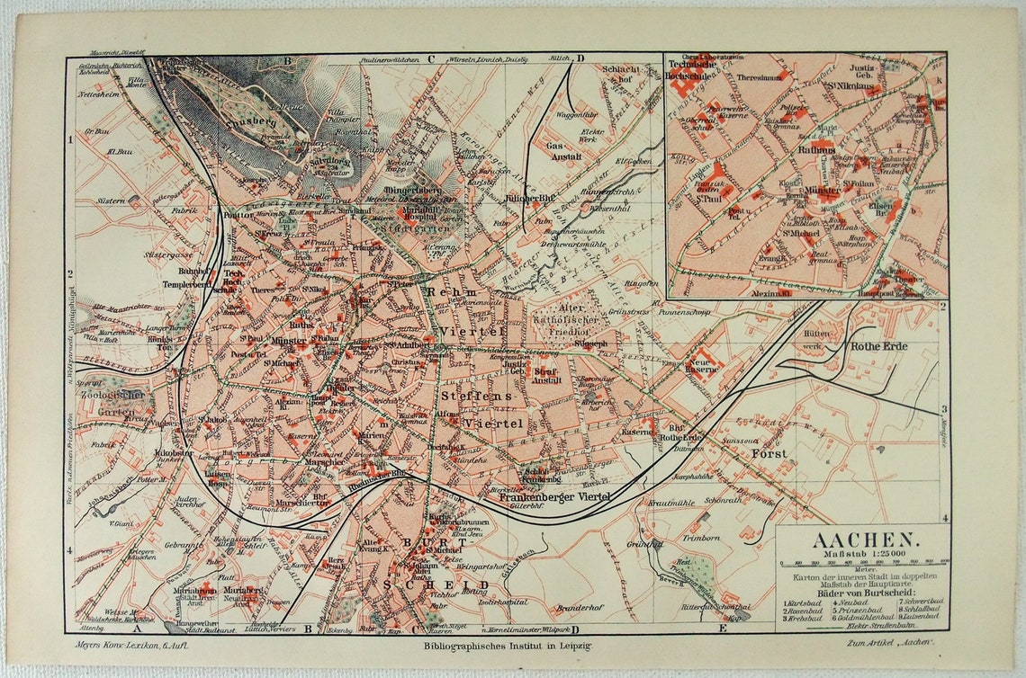 Aachen Germany Original 1906 City Map by Meyers - Etsy