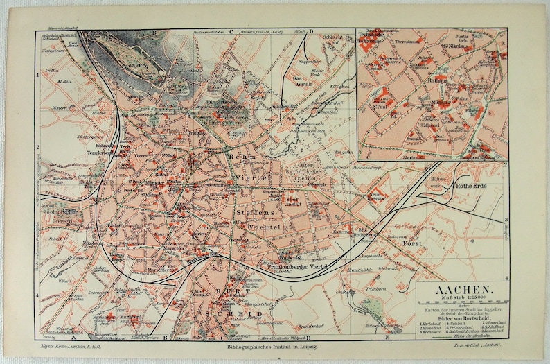 Aachen, Germany - Original 1906 City Map by Meyers - Etsy