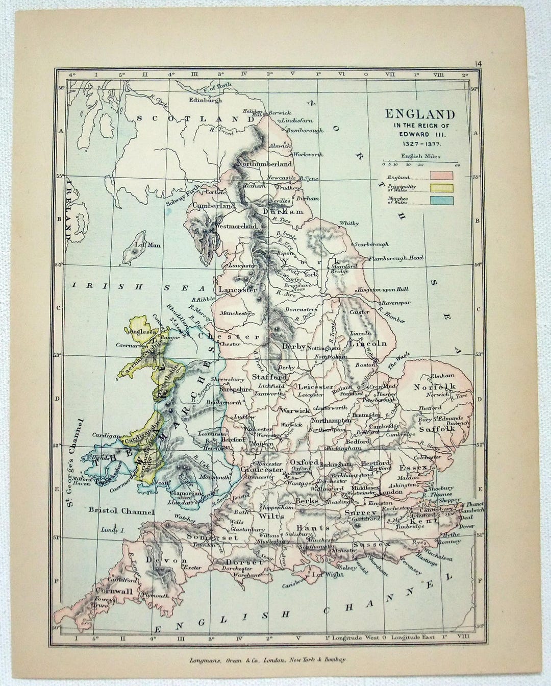 Vintage Map of England in the Reign of Edward III 1327-1377 - Published ...