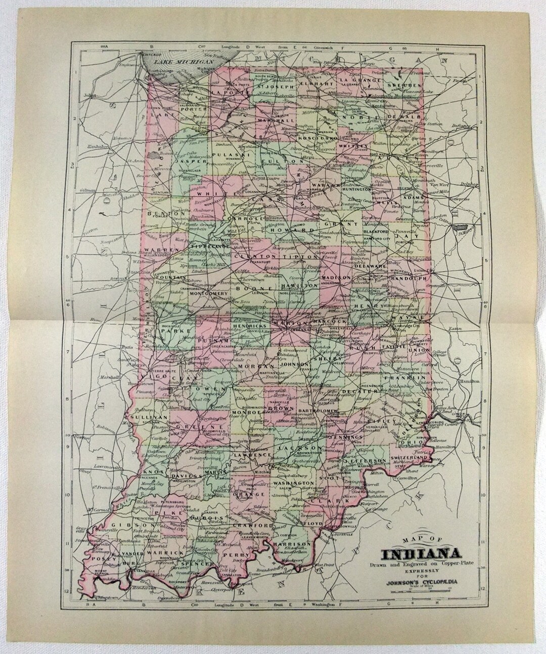 Indiana - 1894 Copper Plate Map by AJ Johnson. Antique Original Map - Etsy