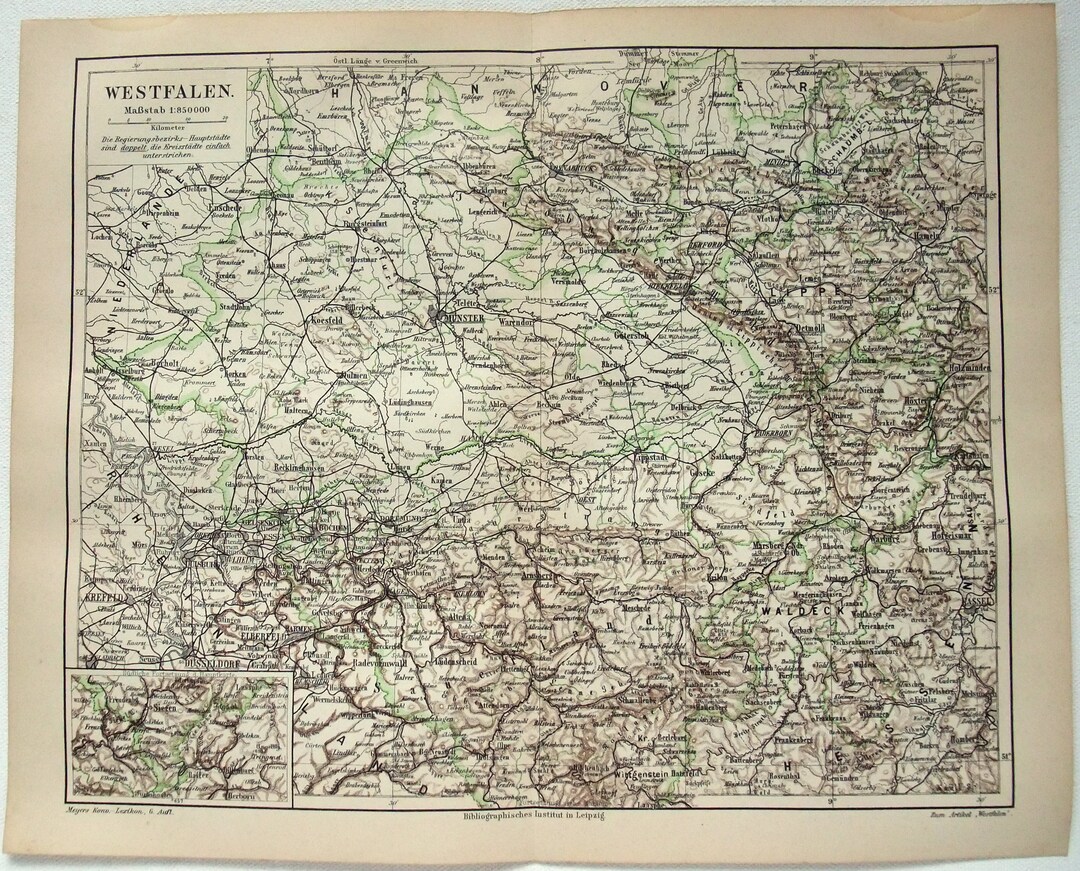 Original 1908 Map of Westphalia, Germany by Meyers. Westfalen Antique ...