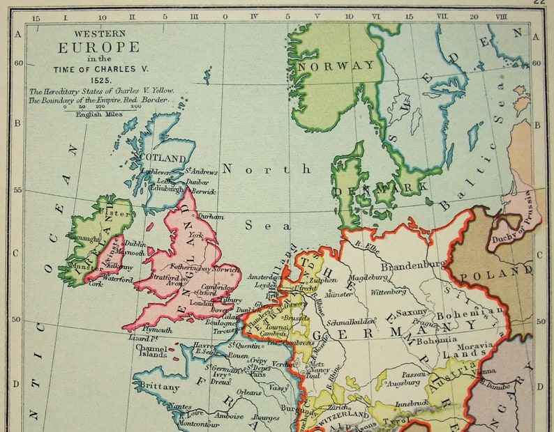 Vintage Map of Western Europe in the Year 1525 - Published in 1907 by ...