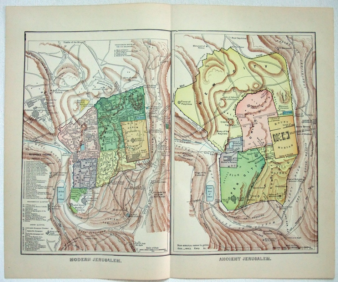 Original 1891 Map of Ancient & "modern" Jerusalem by Hunt and Eaton ...
