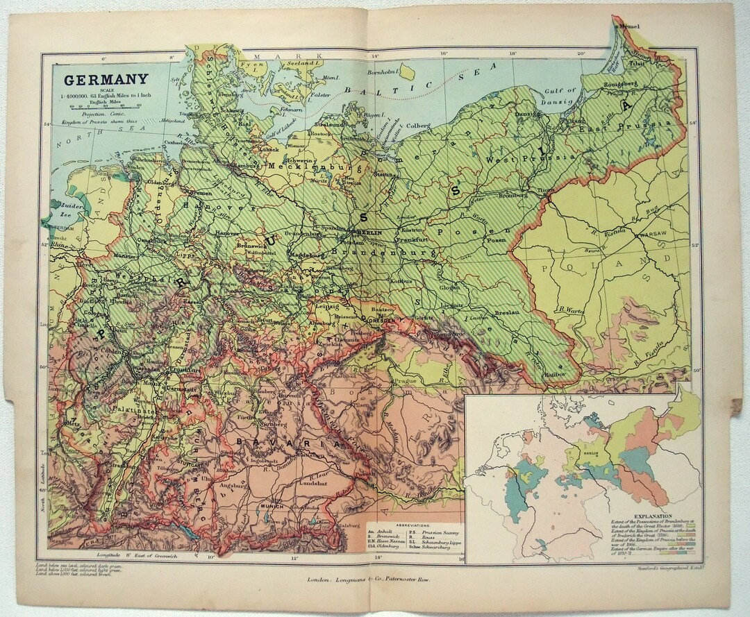 Germany - Original 1901 Physical Map by Longmans Green. Antique ...