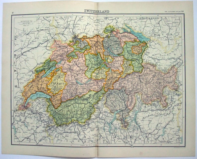 Switzerland - Original Map by John Bartholomew Circa 1898. Antique ...