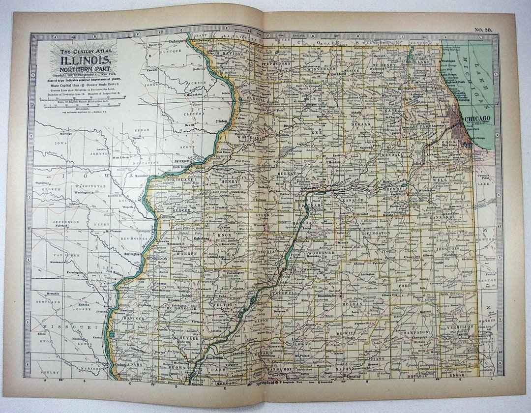 Northern Illinois - Original 1897 Map by the Century Company. Antique ...