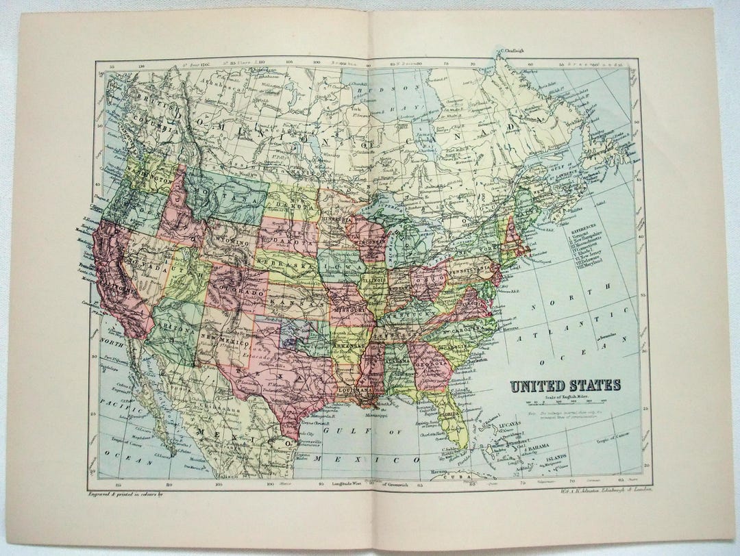 Original 1895 Map of the United States by W & A. K. Johnston. Antique ...