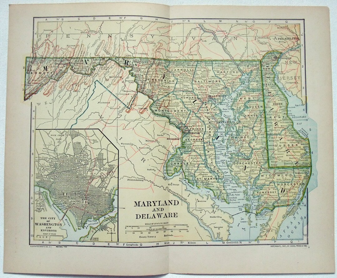 Original 1912 Dated Map of Maryland & Delaware by Dodd Mead and Company ...