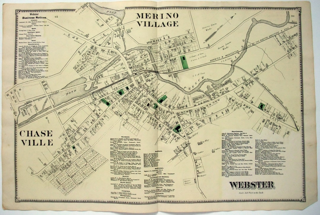 Webster, Massachusetts. Large 1870 Street Map by FW Beers. Hand Colored ...