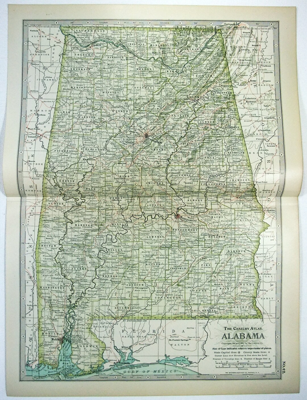 Alabama - Original 1902 Map by the Century Company. Antique Original - Etsy