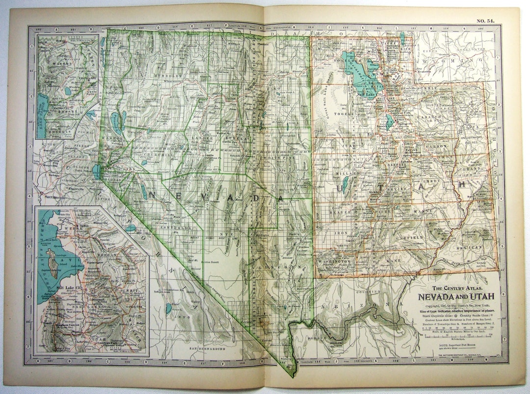 Nevada & Utah - Original 1897 Map by the Century Company. Antique - Etsy
