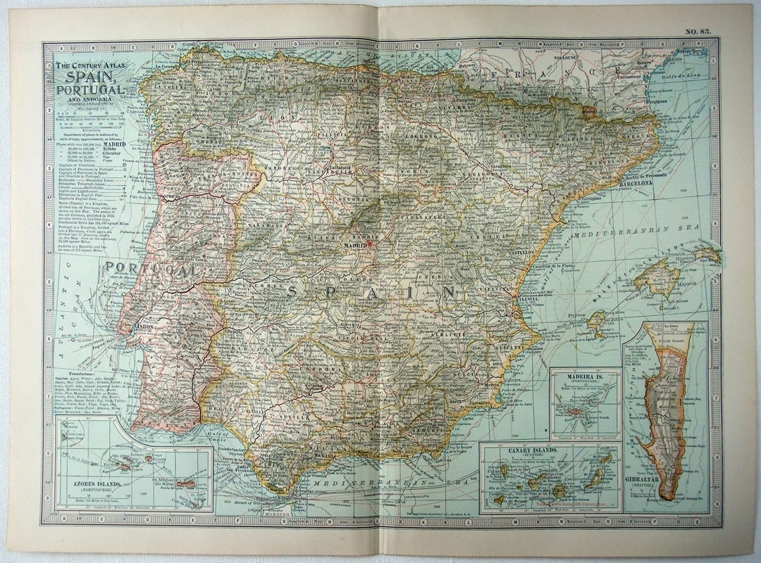 Original 1902 Map of Spain, Portugal and Andorra by the Century Company ...
