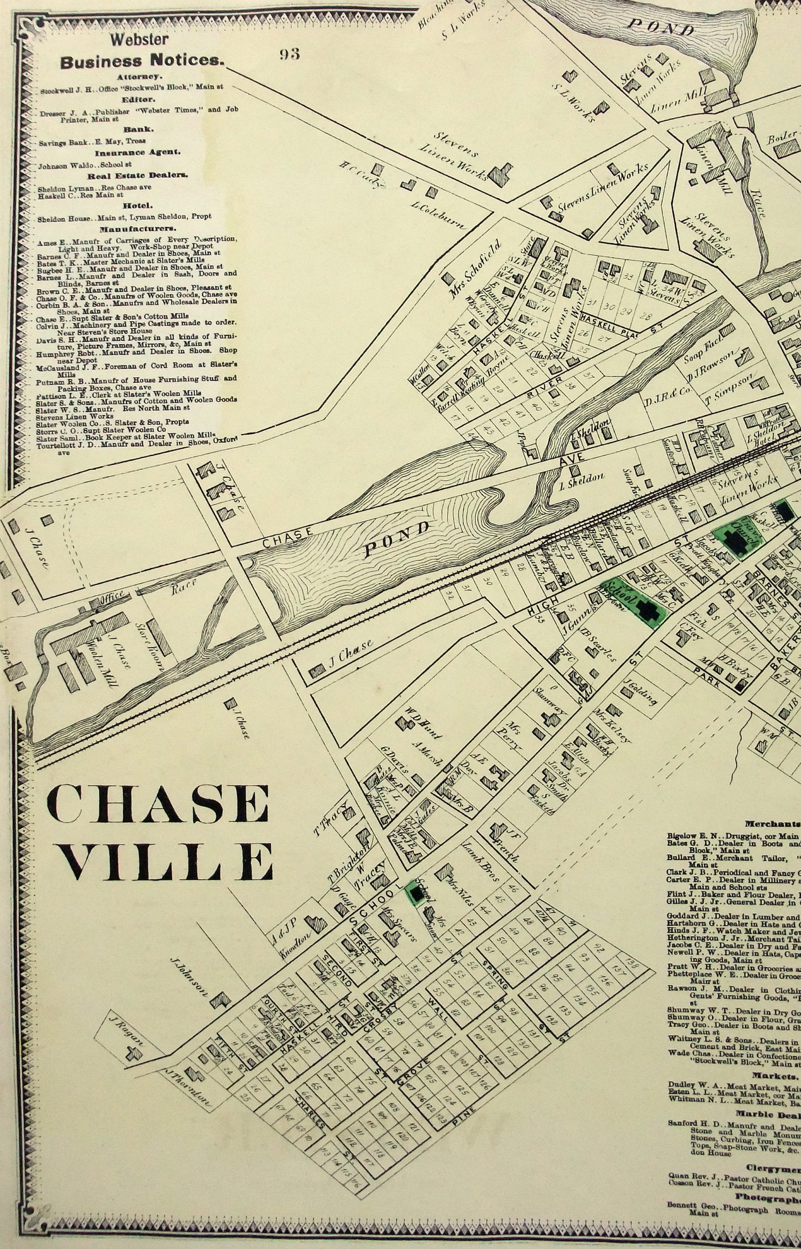 Webster, Massachusetts. Large 1870 Street Map by FW Beers. Hand Colored ...