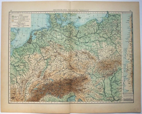 Germany: Original 1896 Physical Map by Velhagen and Klasing. | Etsy