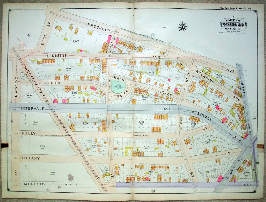 Huge Antique Map of Bronx NY - Donegan St to Home From Prospect to ...