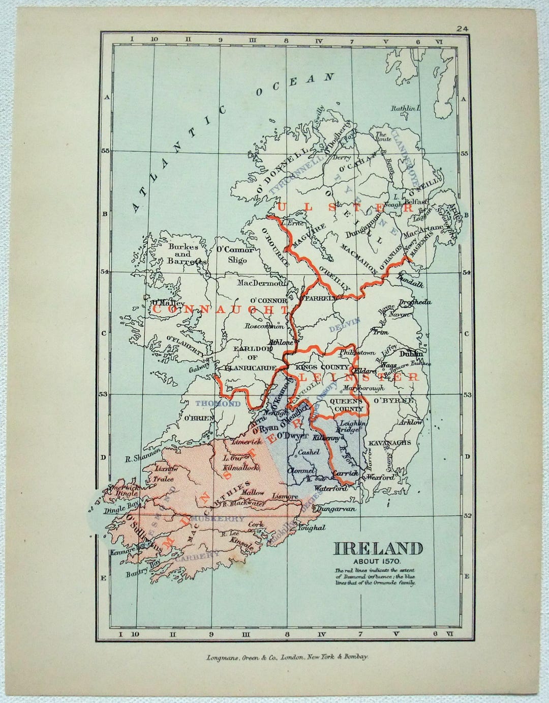 Vintage Map of Ireland Circa 1570 - Published in 1905 by Longmans Green ...