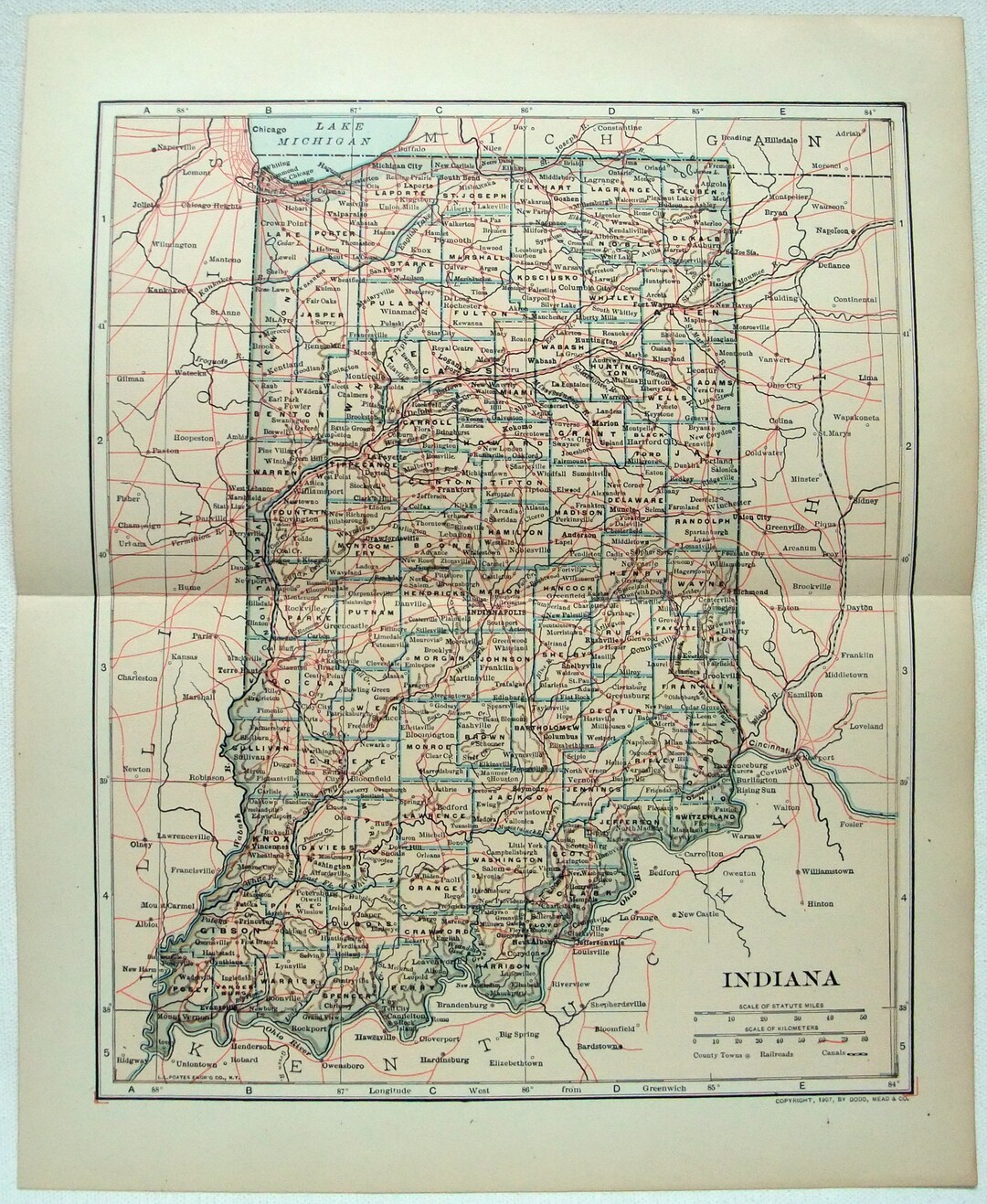 Original 1907 Dated Map of Indiana by Dodd Mead & Company. Antique - Etsy