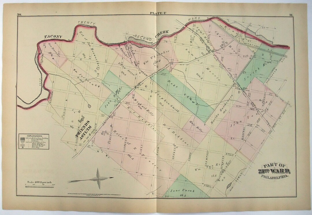 Large Original 1876 Map of SE Parts of the Lawncrest Section of ...