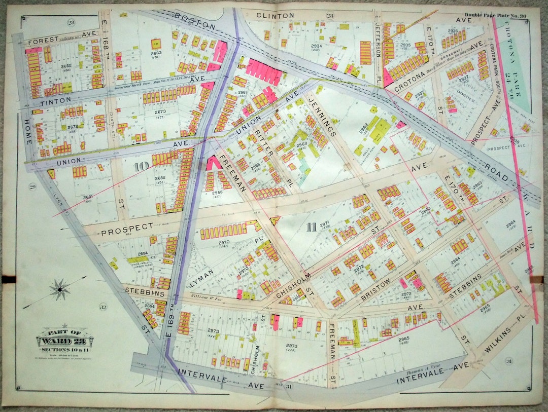 Huge Antique Map of Bronx NY - Home St to Croton Park From Clinton to ...