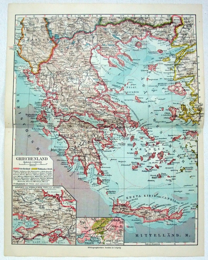 Greece Original 1924 German Language Map by Meyers. Vintage - Etsy