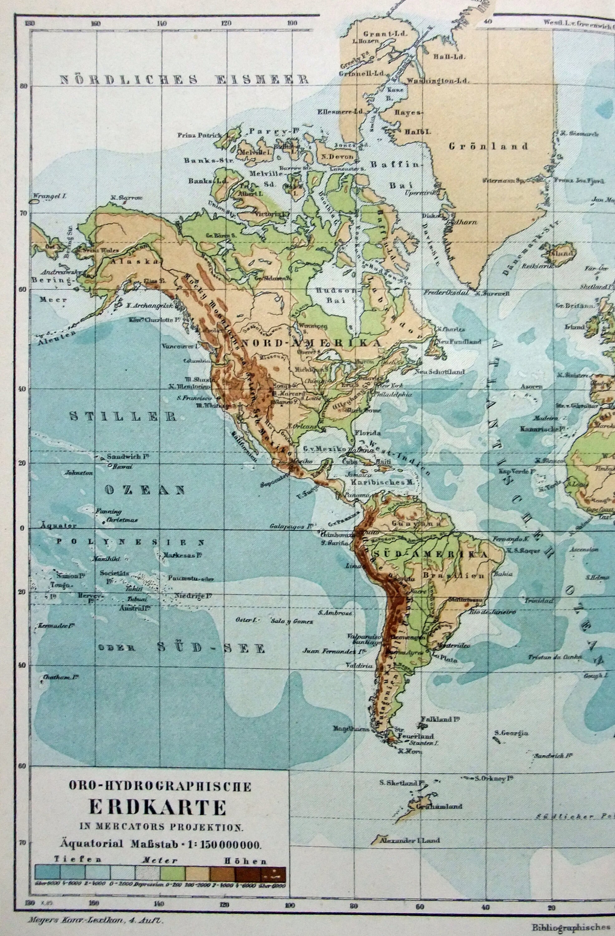 Oro-hydrographic Map of the World - Original 1905 by Meyers. German ...