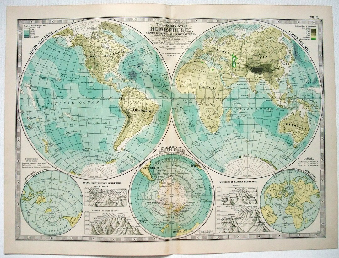Hemispheres Original 1902 Map by the Century Company. Original Antique ...