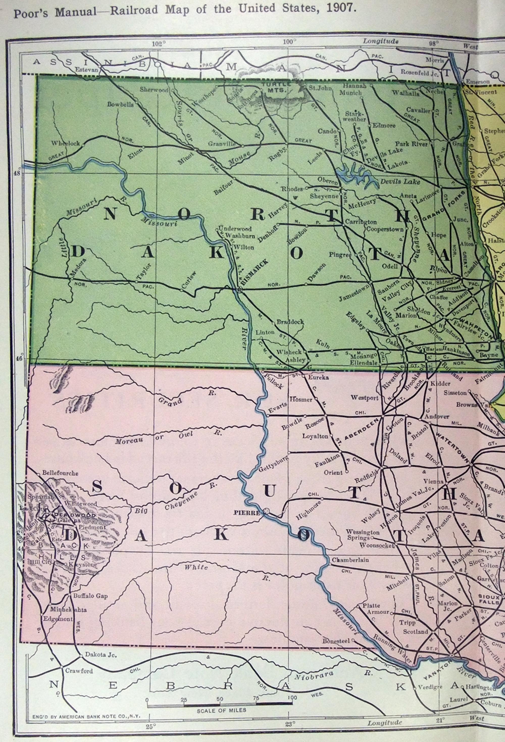 Original 1907 Railroad Map of North Dakota, South Dakota & Minnesota ...