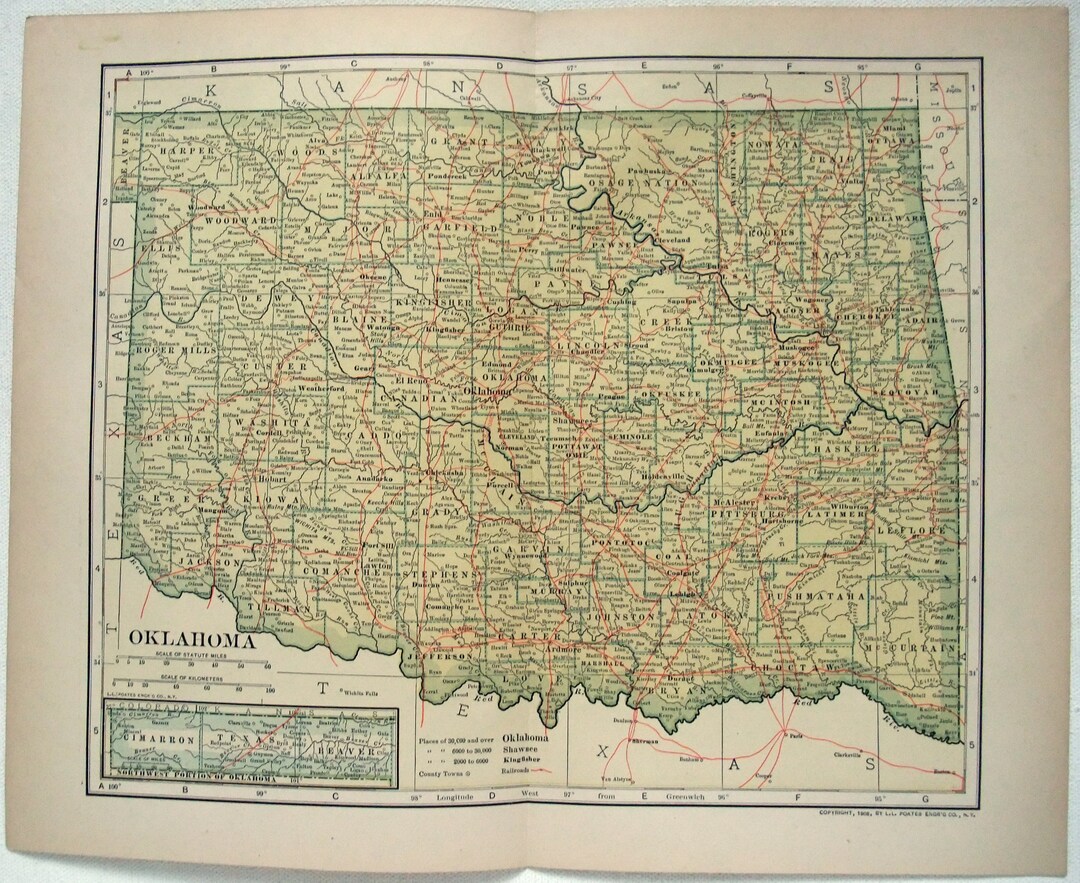 Original 1908 Map of Oklahoma by Dodd Mead and Company. Antique ...