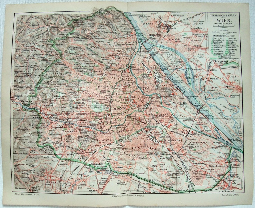 Greater Vienna, Austria - Original 1908 City Map by Meyers. Antique Map ...