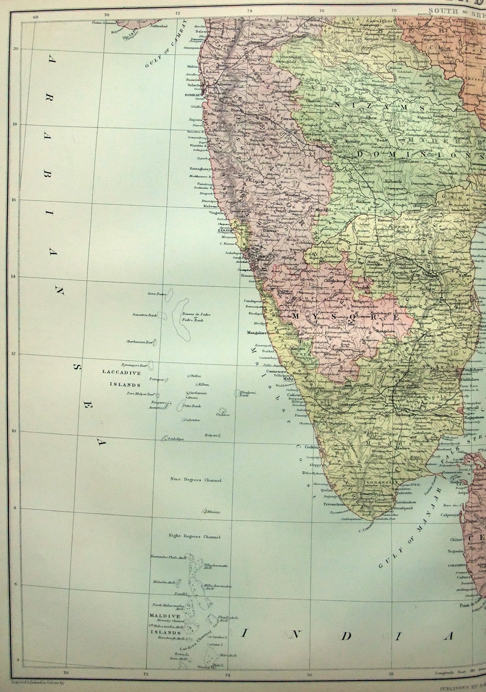 Southern India Large Original 1876 Map by A & C Black. | Etsy