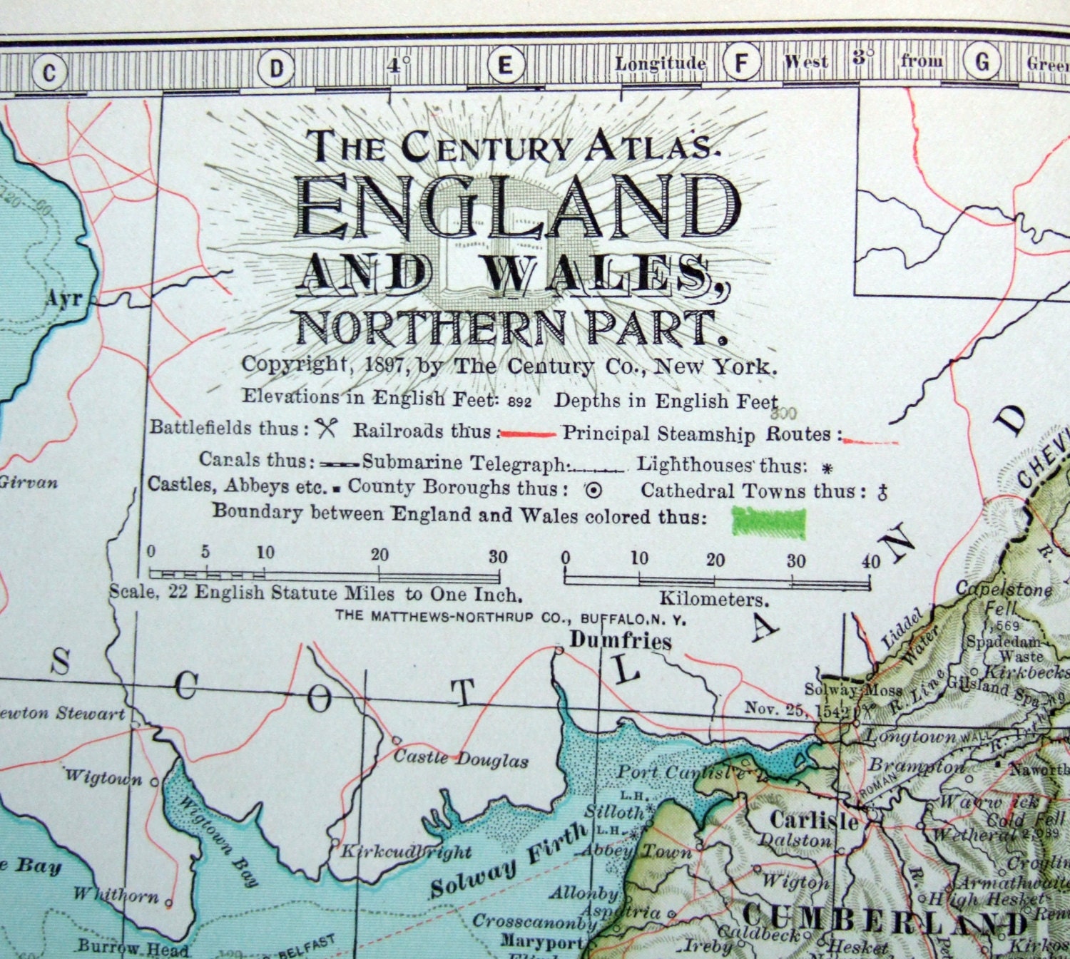Original 1897 Map of the Northern Part of England & Wales by | Etsy