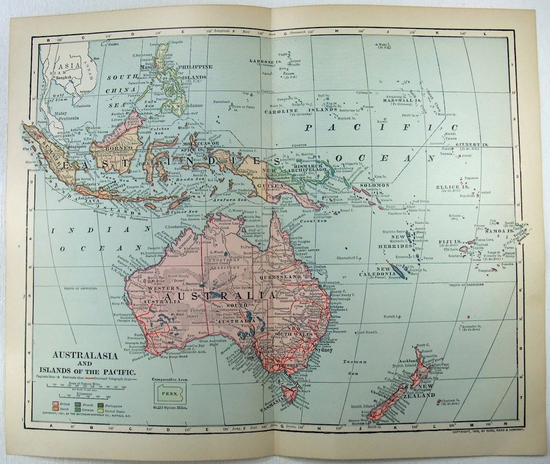 Original 1902 Map of Australia and the Pacific Islands by Dodd Mead ...