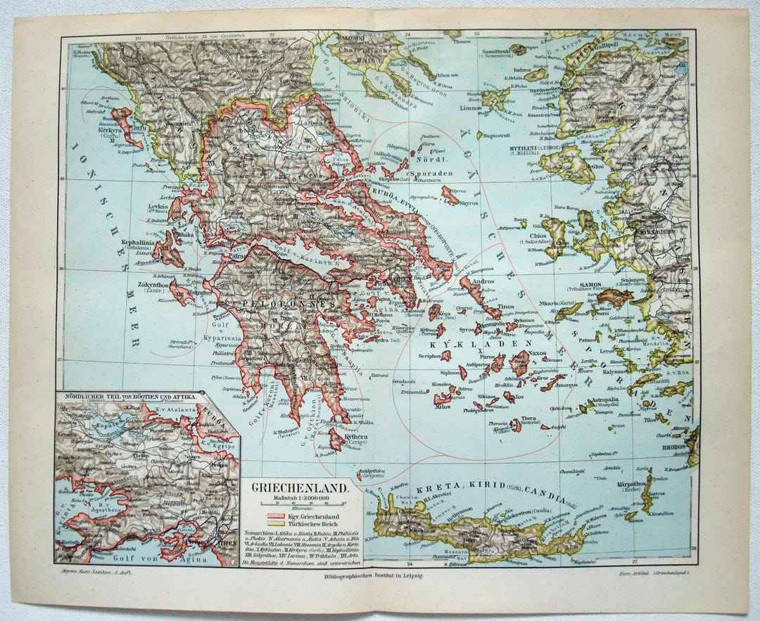 Greece - Original 1895 German Language Map by Meyers. Vintage - Etsy