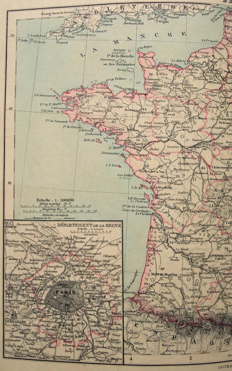 France - Original 1895 Copper Plate Map of France by Justus Perthes ...