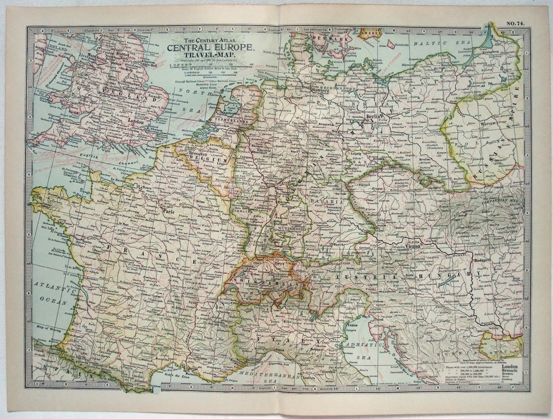 Original 1902 Travel Map of Central Europe by the Century Company ...