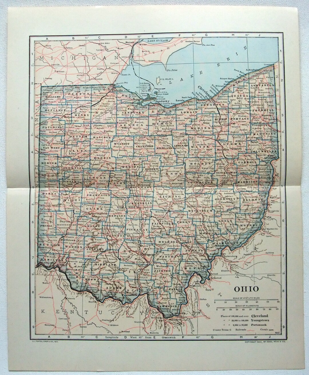 Ohio Original 1907 Dated Map by Dodd Mead and Company. Antique Original ...