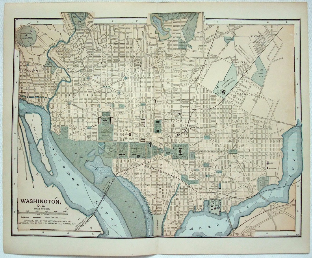 Original 1903 Street & Railroad Map of Washington DC by the Matthews ...