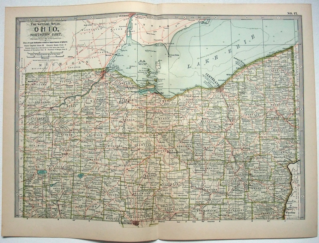 Northern Ohio Original 1902 Map by the Century Company. Antique ...