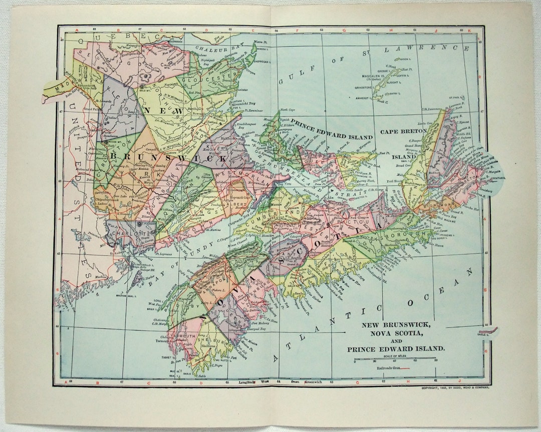 Original 1903 Map of New Brunswick, Nova Scotia and PEI, Canada by Dodd ...