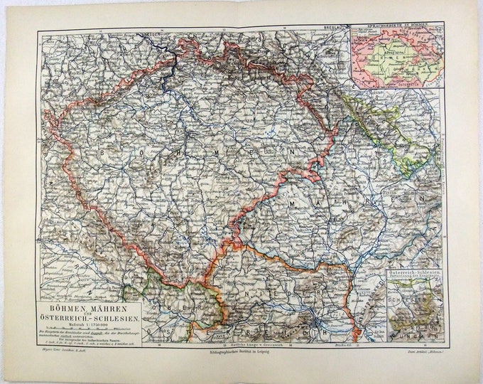 Original 1905 Map of Bohemia, Moravia and Austrian Silesia by Meyers ...